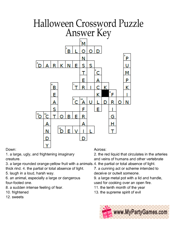 Halloween Crossword Puzzle With Answer Key