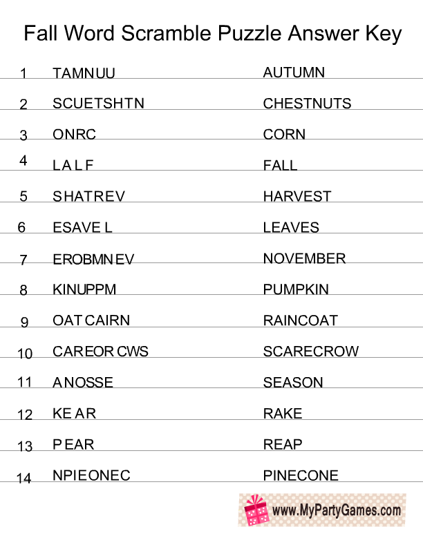 Free Printable Fall Word Scramble Puzzle