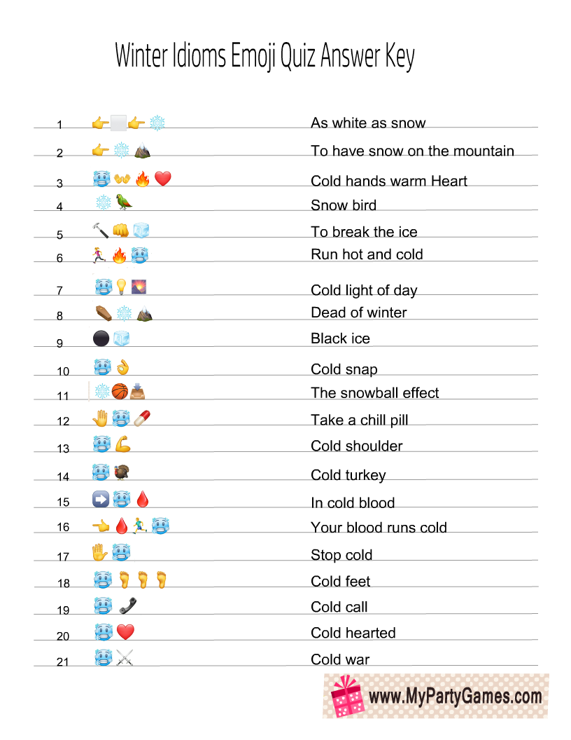 Free Printable Winter Idioms Emoji Quiz With Answer Key