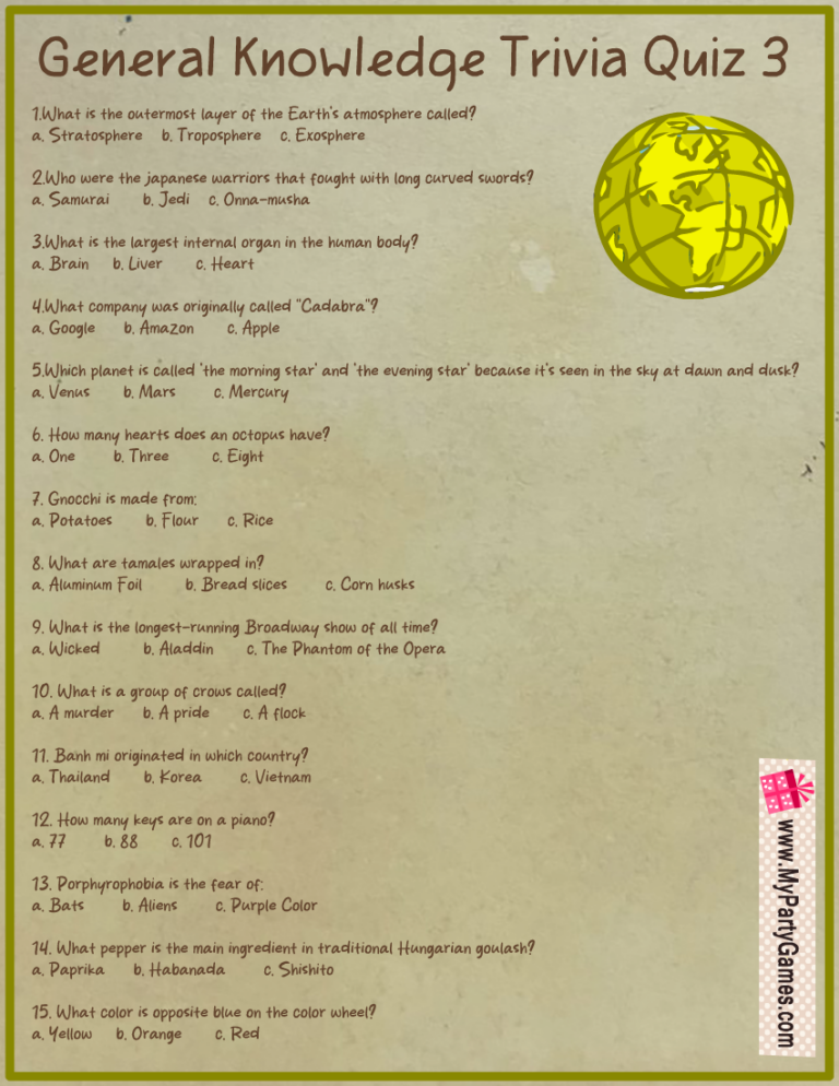 Free Printable General Knowledge Trivia Quizzes with Keys